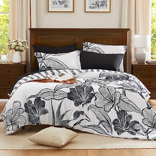 WRENSONGE Queen Comforter Set, 7 Pieces Black and White Floral Comforter Set with Sheets for Queen Size Bed, Flower Pattern Queen Bedding Set, Soft Lightweight Breathable Bed in a Bag for All Seasons