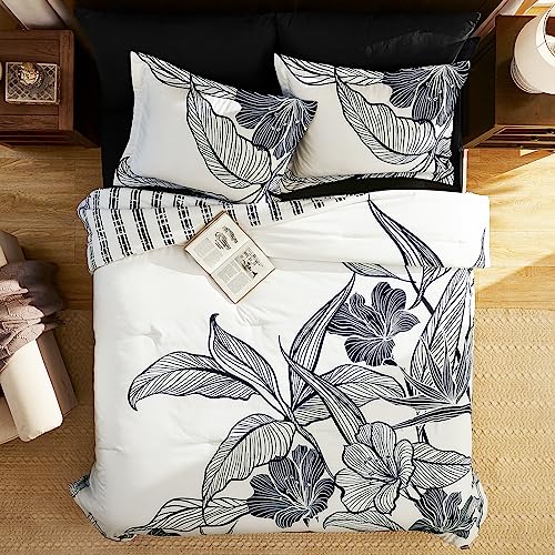 WRENSONGE Queen Comforter Set, 7 Pieces Black and White Floral Comforter Set with Sheets for Queen Size Bed, Flower Pattern Queen Bedding Set, Soft Lightweight Breathable Bed in a Bag for All Seasons