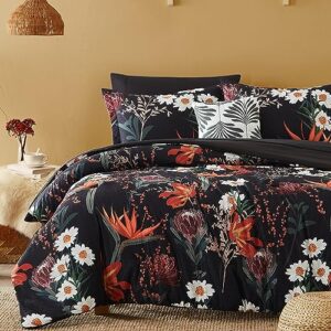 casaagusto queen comforter set, 8 pcs black shore floral comforter set with flowers leaves pattern, soft seersucker design all season microfiber queen size bedding set with decor pillow (90"x90")