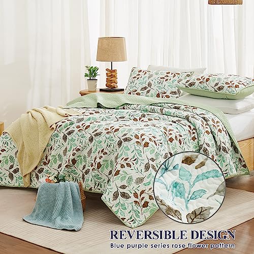 WRENSONGE Quilts Queen Size, 3 Pieces Green Leaf Summer Reversible Quilt Bedding Sets, Soft Lightweight Microfiber Floral Pattern Printed Bedspread Coverlet for Bed, Couch, Blanket All Season 90"*94"