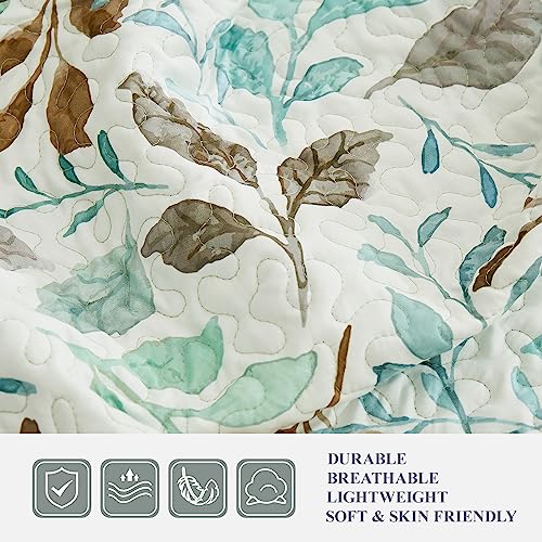 WRENSONGE Quilts Queen Size, 3 Pieces Green Leaf Summer Reversible Quilt Bedding Sets, Soft Lightweight Microfiber Floral Pattern Printed Bedspread Coverlet for Bed, Couch, Blanket All Season 90"*94"