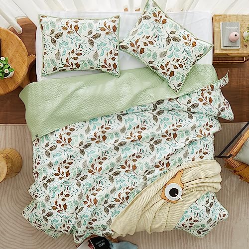 WRENSONGE Quilts Queen Size, 3 Pieces Green Leaf Summer Reversible Quilt Bedding Sets, Soft Lightweight Microfiber Floral Pattern Printed Bedspread Coverlet for Bed, Couch, Blanket All Season 90"*94"