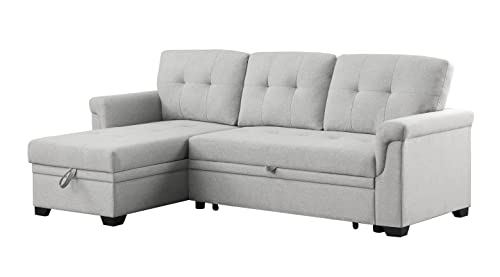 RITSU L-Shape Reversible Linen Fabric Sleeper Sectional Sofa with Storage Chaise, Light Gray Corner Couch with Arms for Living Room, Home Furniture, Apartment, Dorm