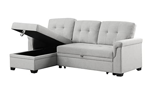 RITSU L-Shape Reversible Linen Fabric Sleeper Sectional Sofa with Storage Chaise, Light Gray Corner Couch with Arms for Living Room, Home Furniture, Apartment, Dorm