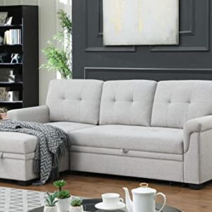 RITSU L-Shape Reversible Linen Fabric Sleeper Sectional Sofa with Storage Chaise, Light Gray Corner Couch with Arms for Living Room, Home Furniture, Apartment, Dorm