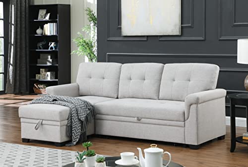 RITSU L-Shape Reversible Linen Fabric Sleeper Sectional Sofa with Storage Chaise, Light Gray Corner Couch with Arms for Living Room, Home Furniture, Apartment, Dorm