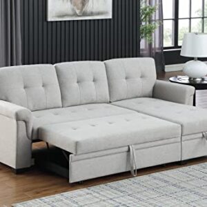 RITSU L-Shape Reversible Linen Fabric Sleeper Sectional Sofa with Storage Chaise, Light Gray Corner Couch with Arms for Living Room, Home Furniture, Apartment, Dorm