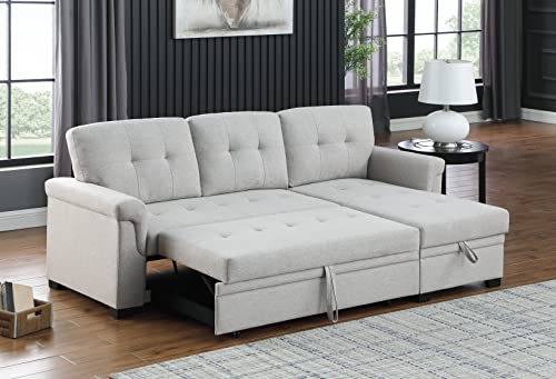 RITSU L-Shape Reversible Linen Fabric Sleeper Sectional Sofa with Storage Chaise, Light Gray Corner Couch with Arms for Living Room, Home Furniture, Apartment, Dorm