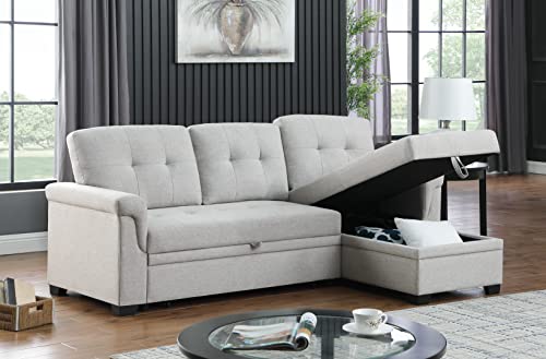 RITSU L-Shape Reversible Linen Fabric Sleeper Sectional Sofa with Storage Chaise, Light Gray Corner Couch with Arms for Living Room, Home Furniture, Apartment, Dorm