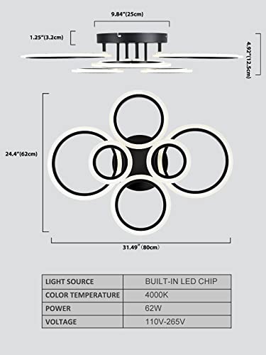 Vikaey Modern 6 Rings LED Ceiling Light & Black Dimmable LED Ceiling Light（11.8"）