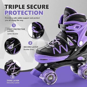 2PM SPORTS Roller Skates for Girls, 4 Size Adjustable Light up Kids Skates, Beginner Roller Skates for Boys Indoor Outdoor - Purple Large