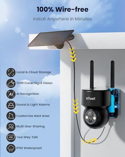 ieGeek Security Cameras Wireless Outdoor - Smart 2K Solar WiFi Camera System with 360°PTZ for Home Surveillance, Battery Powered Cam with Night Vision, Motion Sensor, Spotlight, AI, Works with Alexa