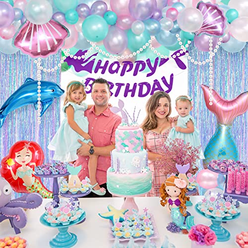 Winrayk 102Pcs Little Mermaid Birthday Decorations Party Supplies Girl Mermaid Balloon Arch Fringe Curtain Pearl String Birthday Banner Dolphin Shell Mermaid Tail Ocean Ariel Mermaid Party Decorations