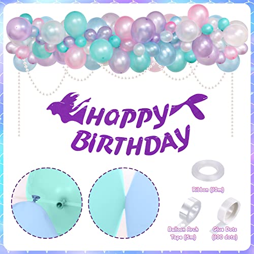 Winrayk 102Pcs Little Mermaid Birthday Decorations Party Supplies Girl Mermaid Balloon Arch Fringe Curtain Pearl String Birthday Banner Dolphin Shell Mermaid Tail Ocean Ariel Mermaid Party Decorations