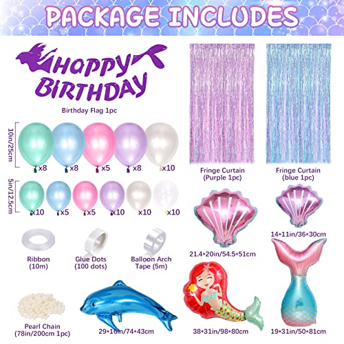 Winrayk 102Pcs Little Mermaid Birthday Decorations Party Supplies Girl Mermaid Balloon Arch Fringe Curtain Pearl String Birthday Banner Dolphin Shell Mermaid Tail Ocean Ariel Mermaid Party Decorations