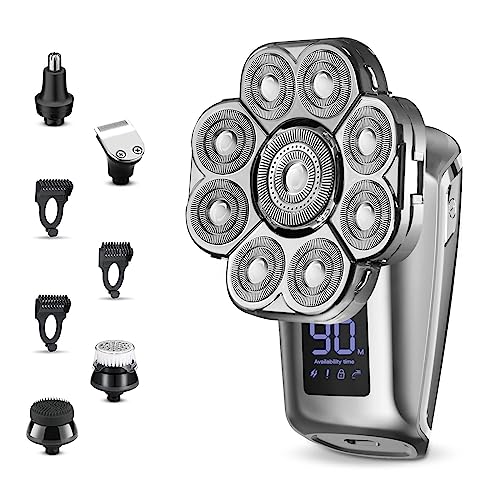 Mr.Wintek 9D Head Shaver - 9 Blades, 90-Minute Battery Life, IPX6 Waterproof, Dry & Wet Dual-Use, LED Display, Multiple Accessories - for Bald Men, Electric Razor for Men (Silver)