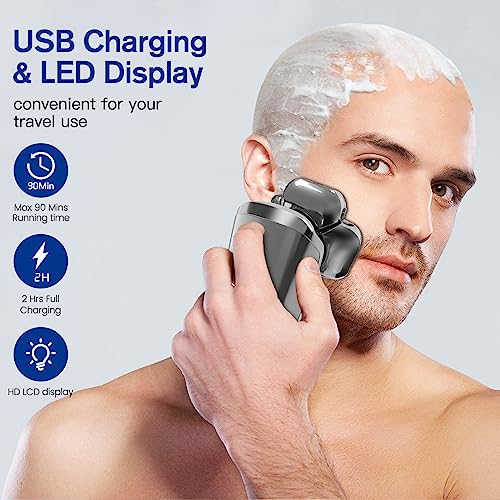 Mr.Wintek 9D Head Shaver - 9 Blades, 90-Minute Battery Life, IPX6 Waterproof, Dry & Wet Dual-Use, LED Display, Multiple Accessories - for Bald Men, Electric Razor for Men (Silver)