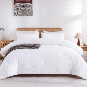 andency white twin size comforter set, 2 pieces bedding comforter sets (1 seersucker textured comforter & 1 pillowcase), lightweight microfiber down alternative bed set (66x90 inches)