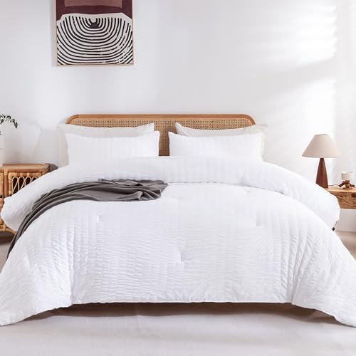 Andency White Twin Size Comforter Set, 2 Pieces Bedding Comforter Sets (1 Seersucker Textured Comforter & 1 Pillowcase), Lightweight Microfiber Down Alternative Bed Set (66x90 inches)