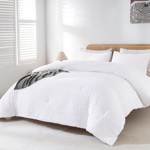 Andency White Twin Size Comforter Set, 2 Pieces Bedding Comforter Sets (1 Seersucker Textured Comforter & 1 Pillowcase), Lightweight Microfiber Down Alternative Bed Set (66x90 inches)