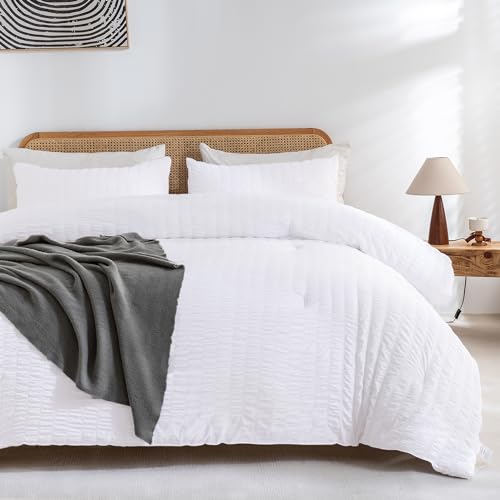 Andency White Twin Size Comforter Set, 2 Pieces Bedding Comforter Sets (1 Seersucker Textured Comforter & 1 Pillowcase), Lightweight Microfiber Down Alternative Bed Set (66x90 inches)