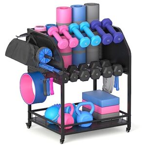 industree dumbbell rack for home gym storage rack 3 tier yoga mat kettlebell dumbbell and balls workout gym equipment storage gym organization weight rack for dumbbells home gym with wheels and hooks