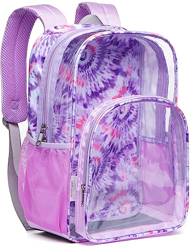 BLUEFAIRY Clear Backpack for Girls Stadium Approved Heavy Duty PVC Transparent Book Bag Cute See Through Bag for School Events Travel Gifts 17 Inch Laege Purple