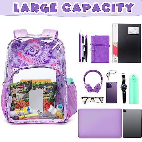 BLUEFAIRY Clear Backpack for Girls Stadium Approved Heavy Duty PVC Transparent Book Bag Cute See Through Bag for School Events Travel Gifts 17 Inch Laege Purple