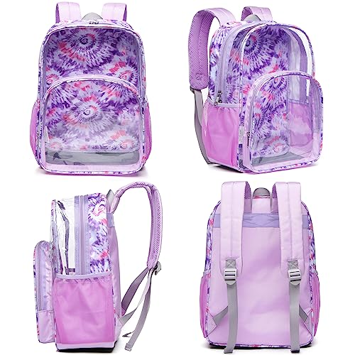 BLUEFAIRY Clear Backpack for Girls Stadium Approved Heavy Duty PVC Transparent Book Bag Cute See Through Bag for School Events Travel Gifts 17 Inch Laege Purple