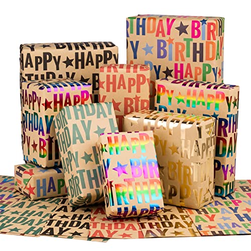 RUSPEPA Kraft Wrapping Paper Sheets - Birthday Greeting Design - 12 Folded Sheets-19.68 X27.5 Inch