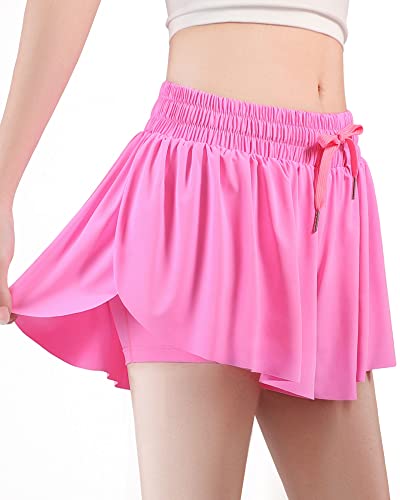 HASMES Girls Flowy Shorts with Spandex Liner Butterfly Athletic Shorts for Kids/Toddler 11-12Y (Hot Pink)