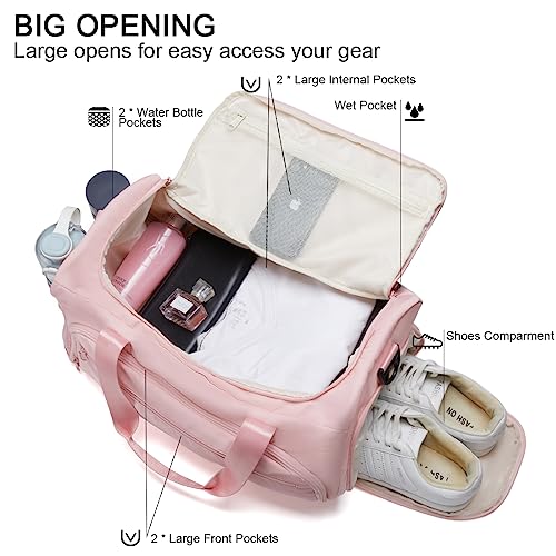 Gym Bag for Women, Small Fitness Workout Sports Bag with Wet Pocket & Shoes Compartment, Water Resistant Overnight Weekender Duffle Bag in Pink