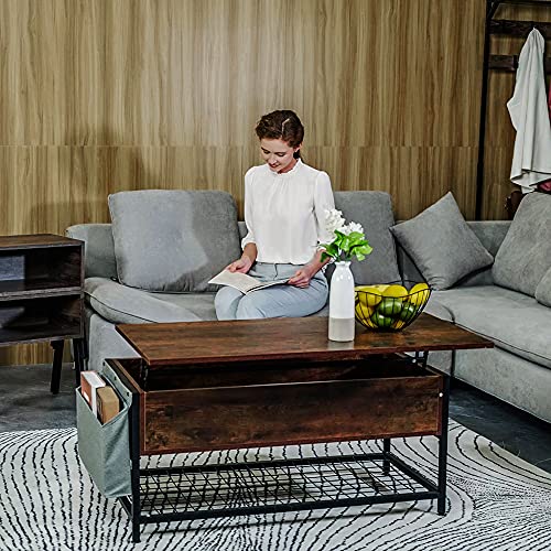 ErgoDesign Lift Top Coffee Table, 39.5" L Coffee Table with Storage Bag, Rising Tabletop Table with Hidden Compartment for Living Room Reception Room (Rustic Brown)