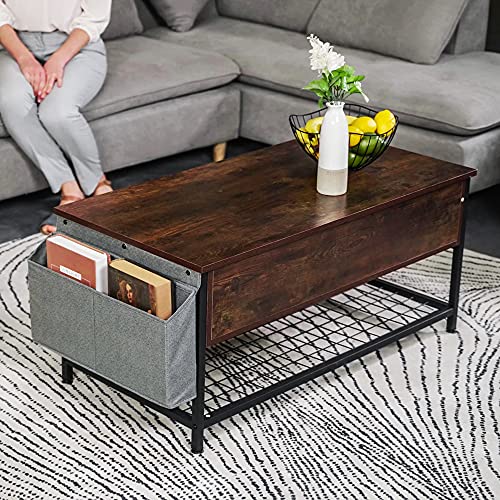 ErgoDesign Lift Top Coffee Table, 39.5" L Coffee Table with Storage Bag, Rising Tabletop Table with Hidden Compartment for Living Room Reception Room (Rustic Brown)