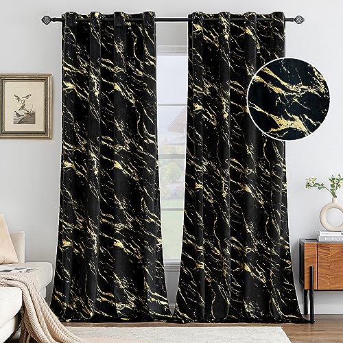 MIULEE Black and Gold Velvet Curtains 84 Inches Long Glitter Metallic Marble Pattern Foil Print Bedroom Living Room Curtains Blackout Room Darkening Thermal Insulated Grommet Window Drapes 2 Panels