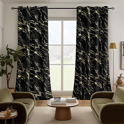 MIULEE Black and Gold Velvet Curtains 84 Inches Long Glitter Metallic Marble Pattern Foil Print Bedroom Living Room Curtains Blackout Room Darkening Thermal Insulated Grommet Window Drapes 2 Panels