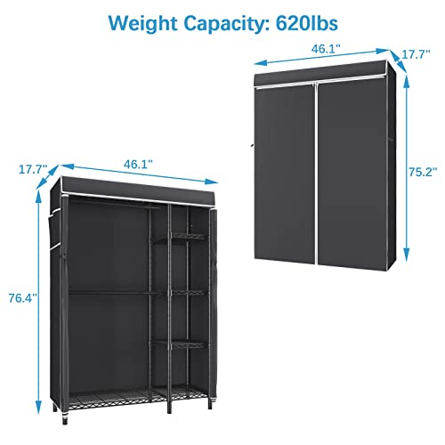 VIPEK V7C Basic Garment Rack with Cover Portable Closets for Hanging Clothes, Heavy Duty Clothes Rack with Shelves Metal Freestanding Closet Wardrobe, Max 620lbs, Black Clothing Rack with Black Cover