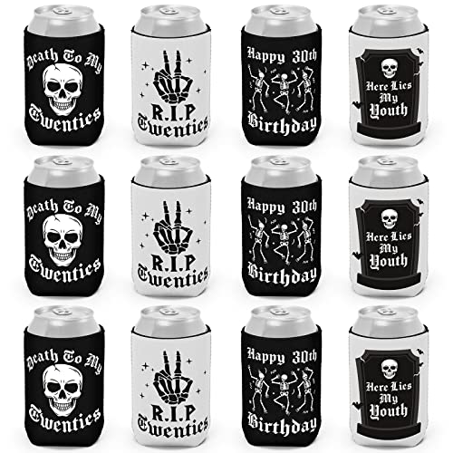 CiyvoLyeen Gothic 30th Birthday Can Sleeve Death to My 20s Party Decorations Skull Design Cooler RIP Cheer Funny Supplies Happy Halloween Men Husband Father Gifts Beer Soda Black White 12 Packs