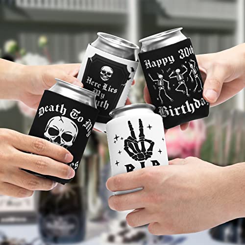 CiyvoLyeen Gothic 30th Birthday Can Sleeve Death to My 20s Party Decorations Skull Design Cooler RIP Cheer Funny Supplies Happy Halloween Men Husband Father Gifts Beer Soda Black White 12 Packs