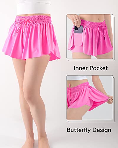 BOOPH Girls Flowy Shorts Athletic Butterfly Shorts Girls with Inner Pockets for Running Tennis Rose Red 13-14Y