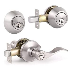 decoriten entry door handle with double keyed deadbolt, satin nickel door handle, front door entrance lever lockset and double cylinder deadbolt combination set with same keys, 4 set