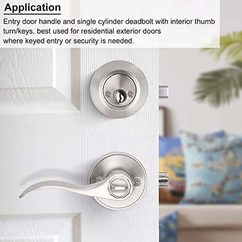 DECORITEN Entry Door Handle with Double Keyed Deadbolt, Satin Nickel Door Handle, Front Door Entrance Lever Lockset and Double Cylinder Deadbolt Combination Set with Same Keys, 4 Set