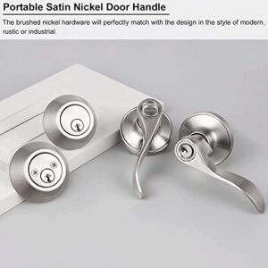 DECORITEN Entry Door Handle with Double Keyed Deadbolt, Satin Nickel Door Handle, Front Door Entrance Lever Lockset and Double Cylinder Deadbolt Combination Set with Same Keys, 4 Set