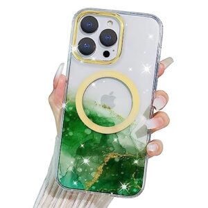 SmoBea Compatible with iPhone 14 Pro Max Case Compatible with MagSafe, Transparent Marble Gold Glitter Print Watercolor Case, Shockproof Protection Phone Case for Women Girls - Sparkle Green