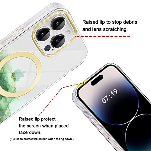 SmoBea Compatible with iPhone 14 Pro Max Case Compatible with MagSafe, Transparent Marble Gold Glitter Print Watercolor Case, Shockproof Protection Phone Case for Women Girls - Sparkle Green