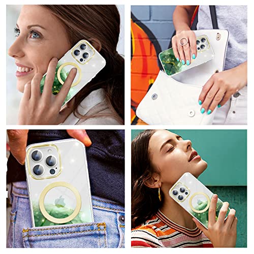 SmoBea Compatible with iPhone 14 Pro Max Case Compatible with MagSafe, Transparent Marble Gold Glitter Print Watercolor Case, Shockproof Protection Phone Case for Women Girls - Sparkle Green