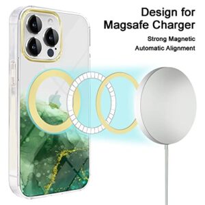 SmoBea Compatible with iPhone 14 Pro Max Case Compatible with MagSafe, Transparent Marble Gold Glitter Print Watercolor Case, Shockproof Protection Phone Case for Women Girls - Sparkle Green