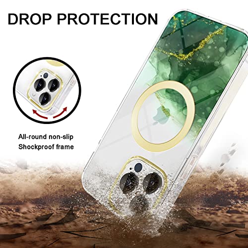 SmoBea Compatible with iPhone 14 Pro Max Case Compatible with MagSafe, Transparent Marble Gold Glitter Print Watercolor Case, Shockproof Protection Phone Case for Women Girls - Sparkle Green