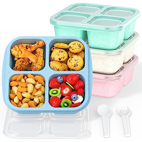 RGNEIN Bento Snack Boxes (4 Pack)- Reusable 4-Compartment Meal Prep Containers for Kids and Adults, Perfect Food Storage Containers for School, Compact and Stackable (Wheat(Green/Blue/PK/Beige))