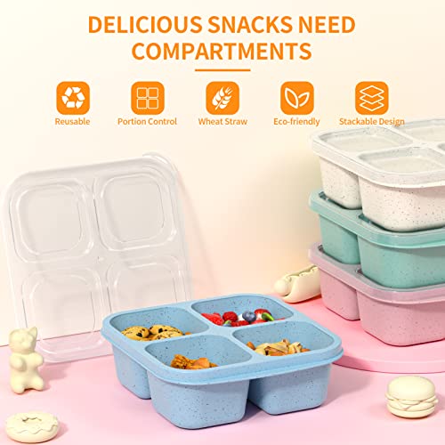 RGNEIN Bento Snack Boxes (4 Pack)- Reusable 4-Compartment Meal Prep Containers for Kids and Adults, Perfect Food Storage Containers for School, Compact and Stackable (Wheat(Green/Blue/PK/Beige))